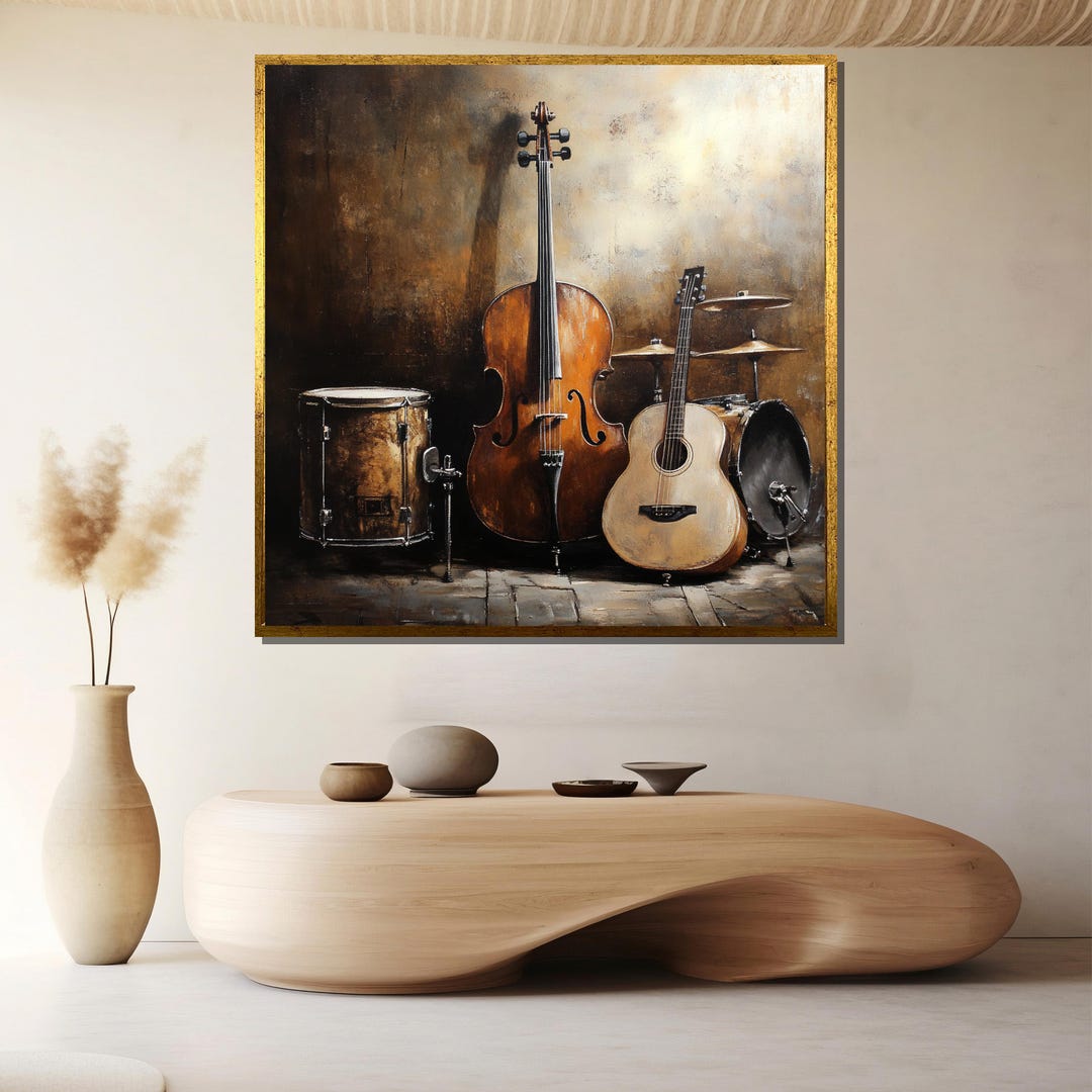 Rustic Musical Instruments Canvas Painting – Acoustic Guitar, Cello ...