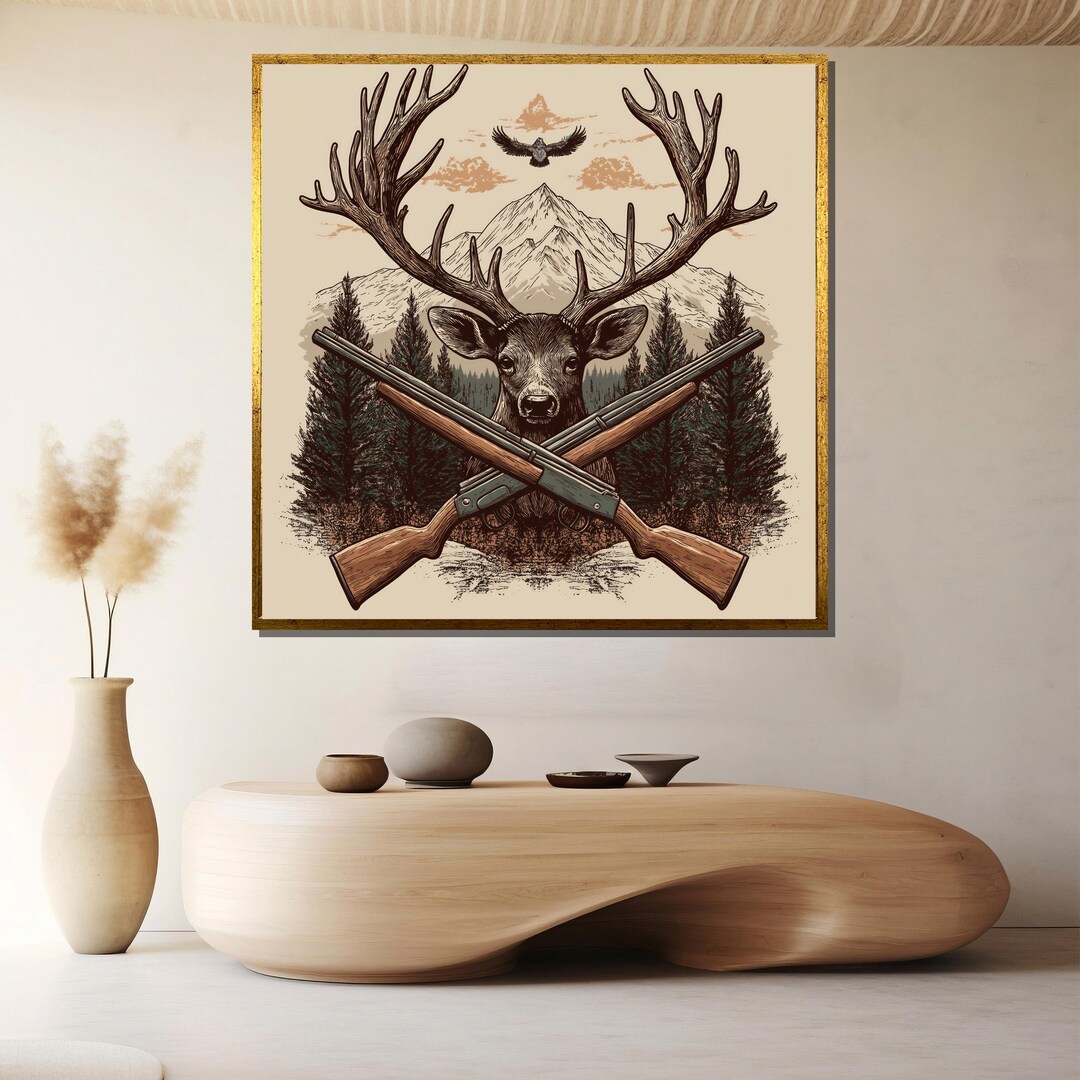 Rustic Hunting-themed Canvas Painting With Deer, Rifles, and Mountain ...