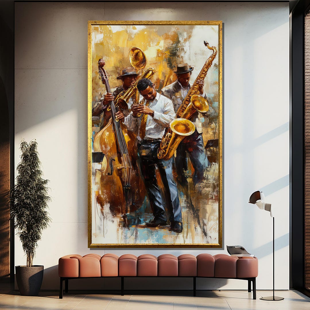 Jazz Band Canvas Painting - Vibrant Music Wall Art Featuring Saxophone ...