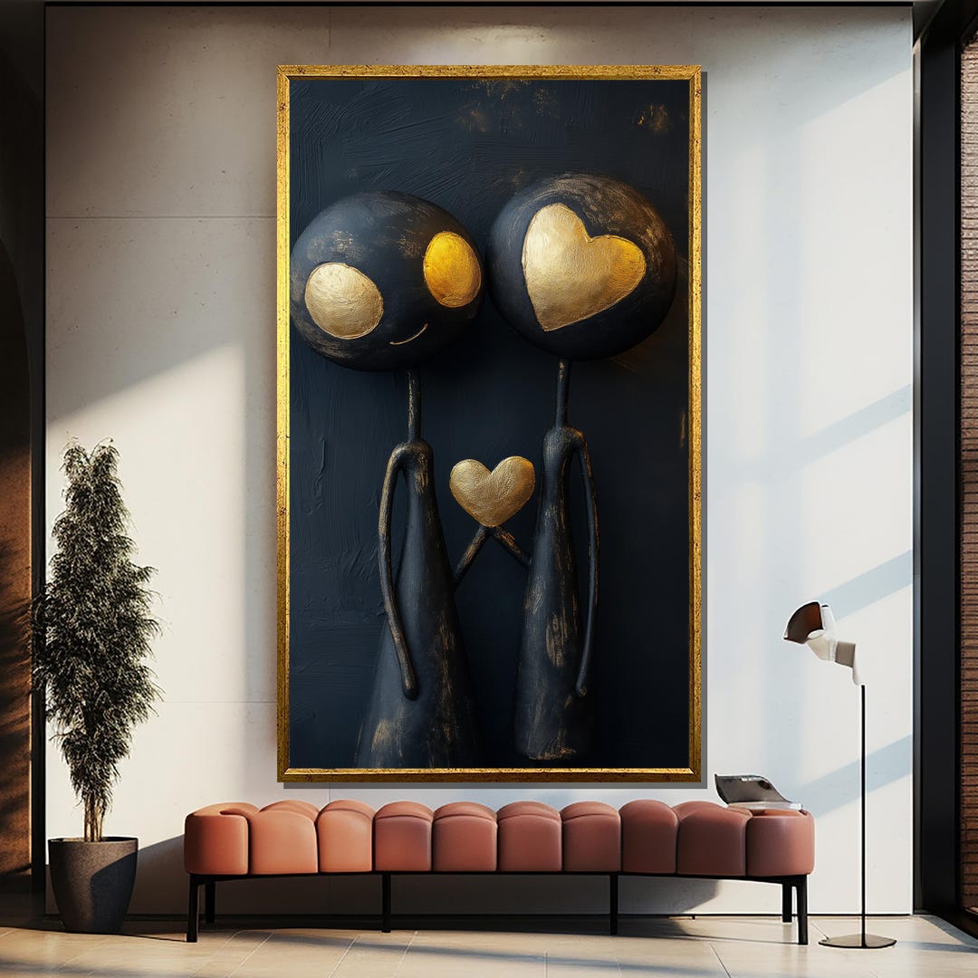 Romantic Gold Heart Couple Wall Art Modern Abstract Painting, Black and ...
