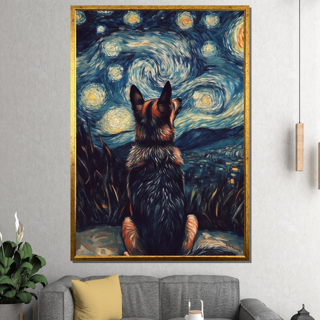 Starry Night German Shepherd Canvas Painting – Unique Dog Wall Art for ...