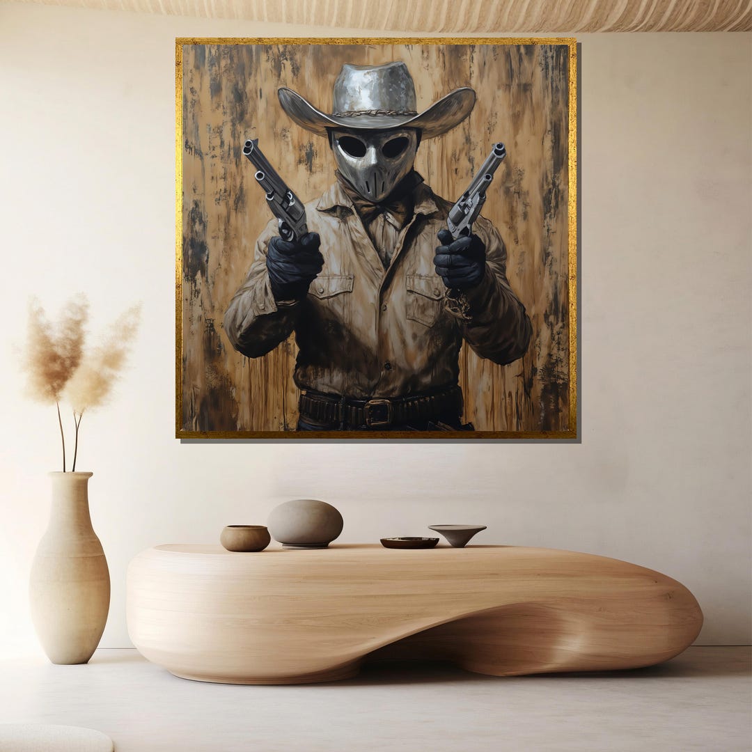 Masked Cowboy Canvas Painting, Western Wall Art, Outlaw Gunfighter ...
