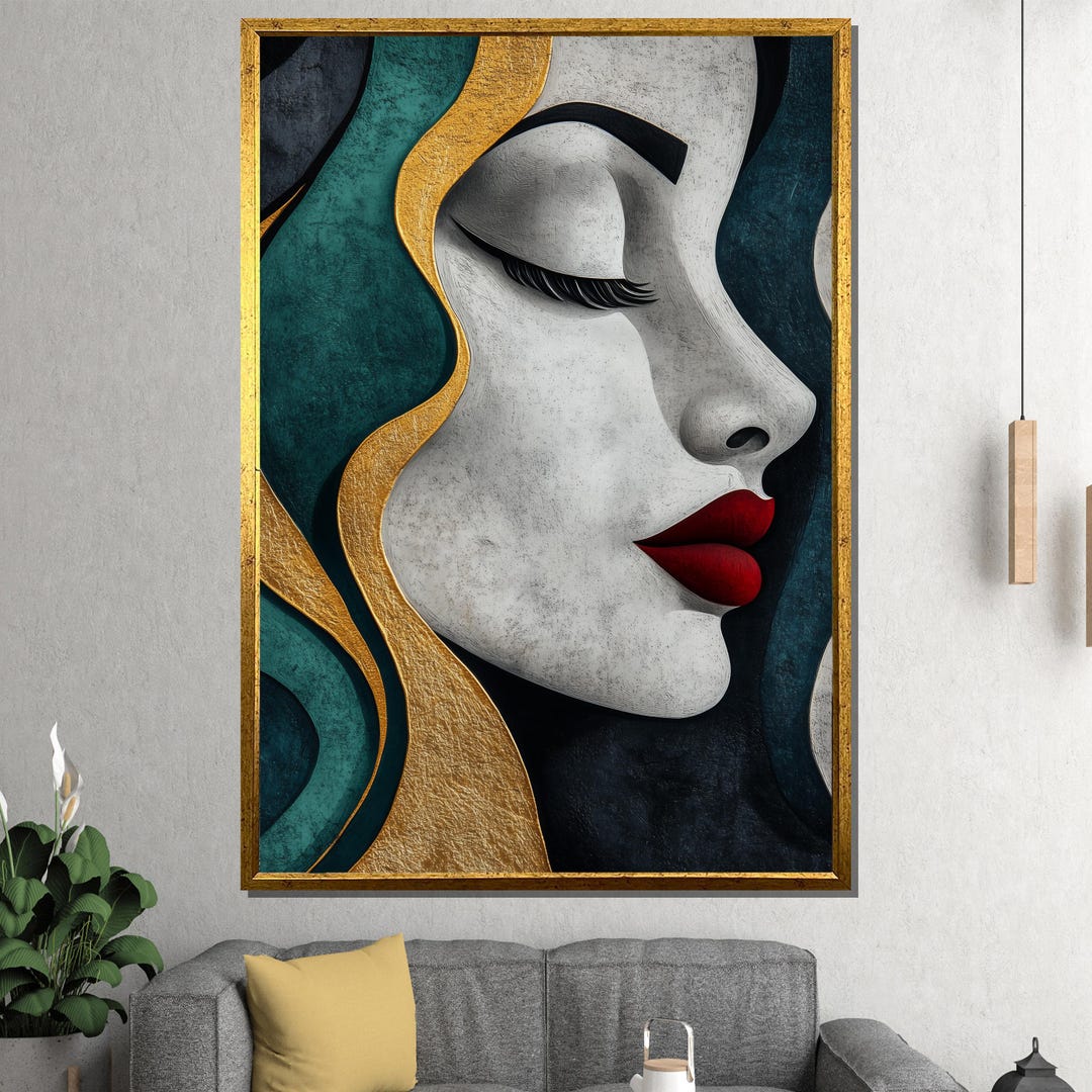 Abstract Woman Profile Canvas Painting Bold Red Lips and Gold Detail ...