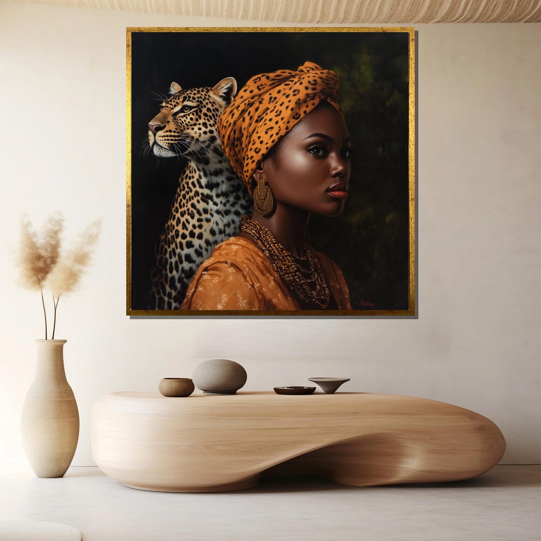 Elegant African Woman With Leopard Canvas Painting Unique Art Gift for ...