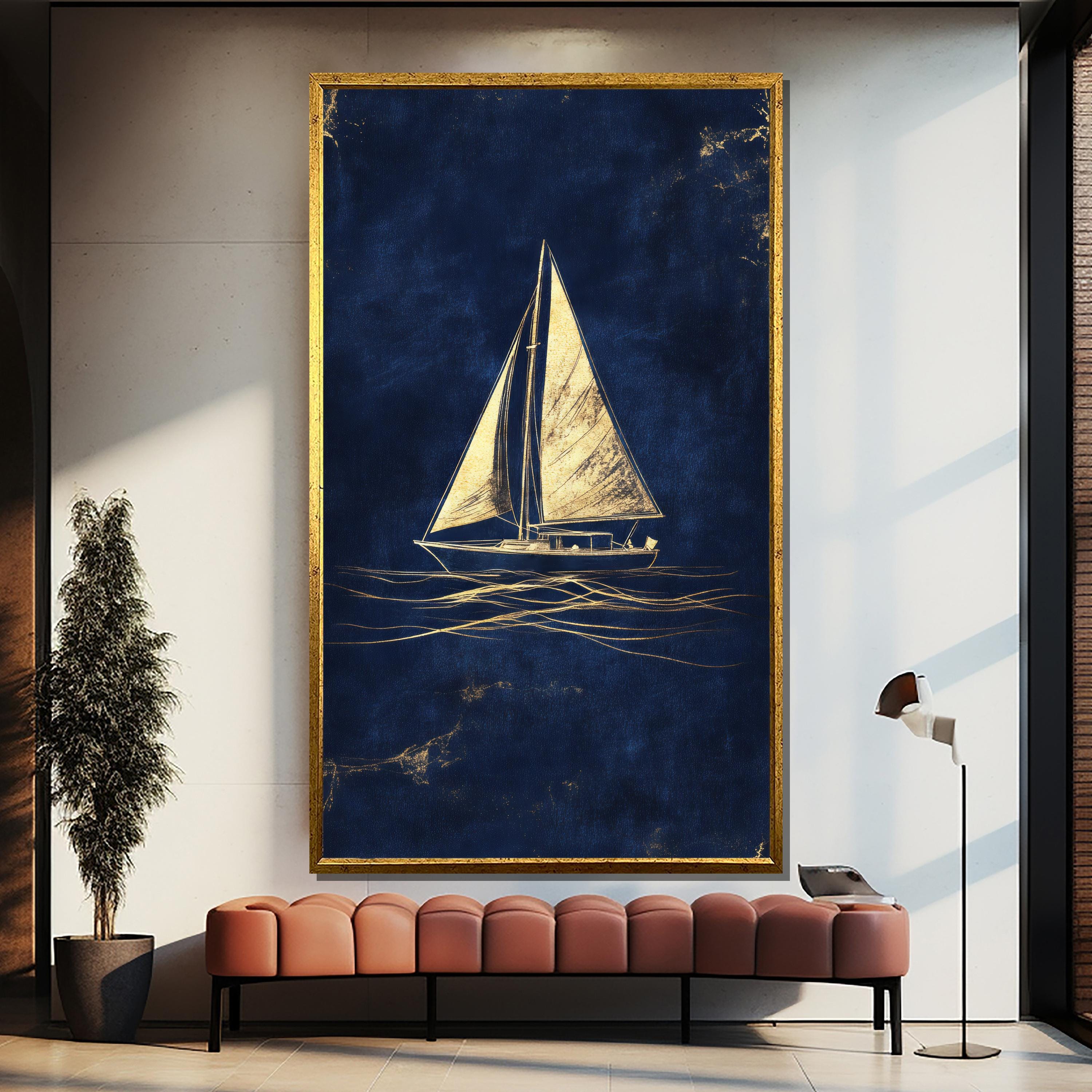 Gold Sailboat Wall Art on Navy Blue Canvas Nautical Framed Painting ...