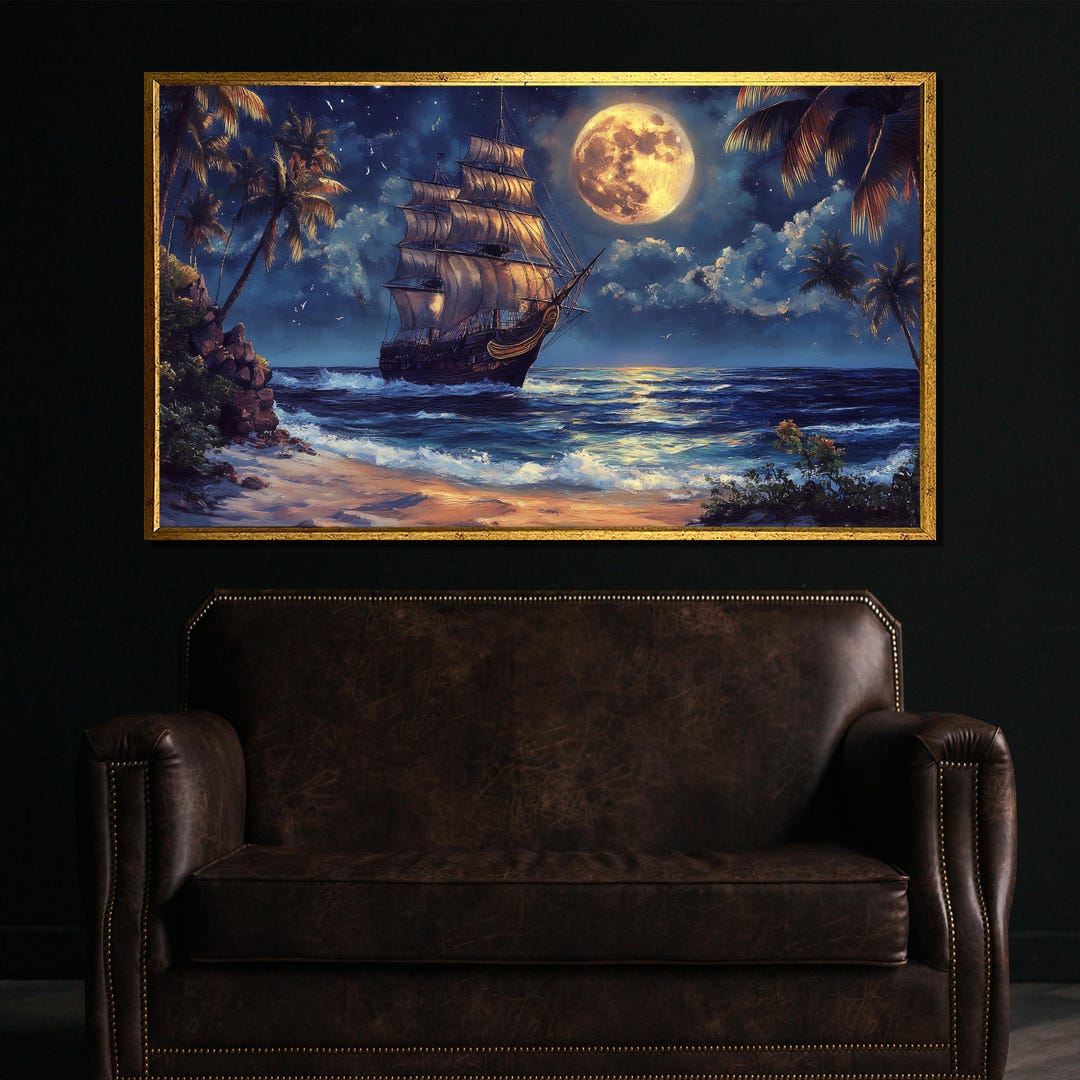 Moonlit Sailing Ship Canvas Painting - Tropical Night Ocean Wall Art ...