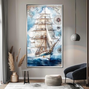 Vintage Sailing Ship Wall Art, Large Framed Nautical Canvas, Antique ...