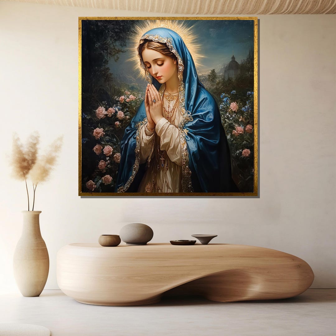 Praying Virgin Mary Canvas, Marian Wall Art, Catholic Religious Painting, Blessed Mother Artwork ...