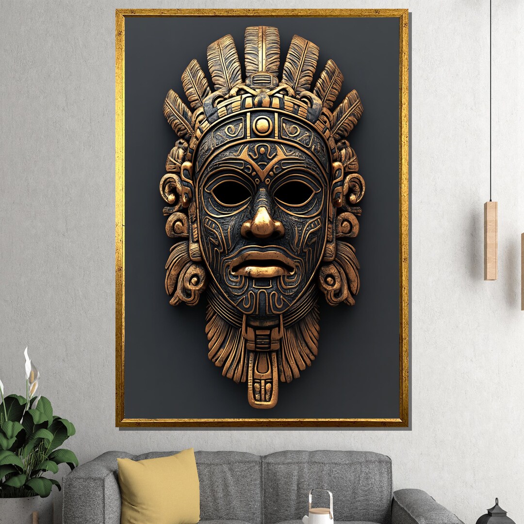Ancient Tribal Mask Canvas Painting With Golden Details Unique Art Gift ...