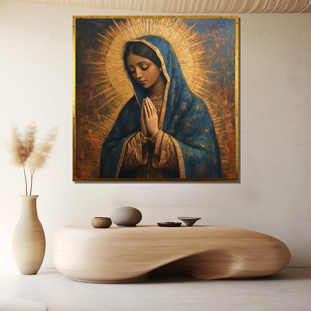 Praying Virgin Mary Canvas, Marian Wall Art, Catholic Religious Painting, Holy Mother Spiritual ...