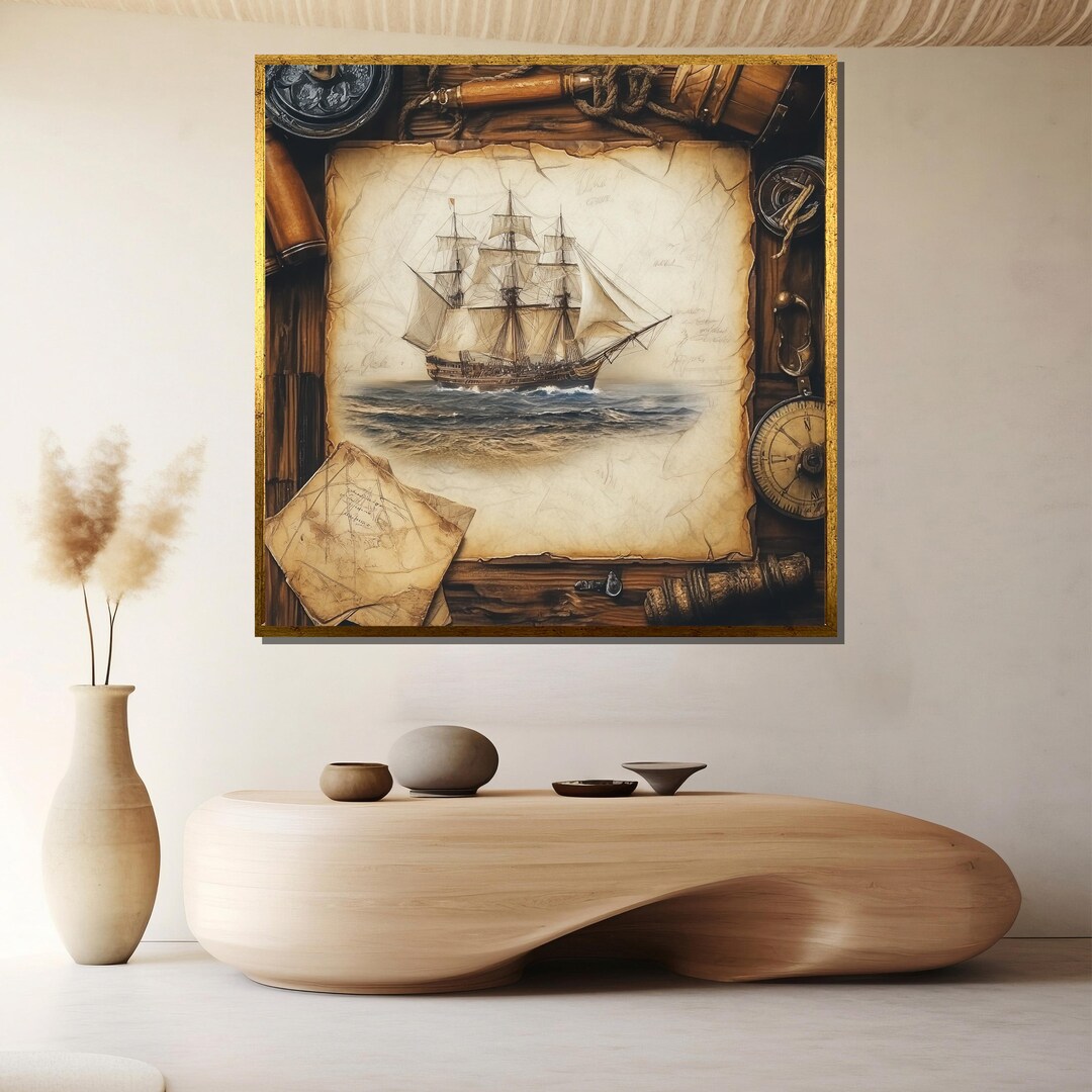 Vintage Ship Canvas Wall Art Nautical Map & Compass Decor Maritime Gift ...