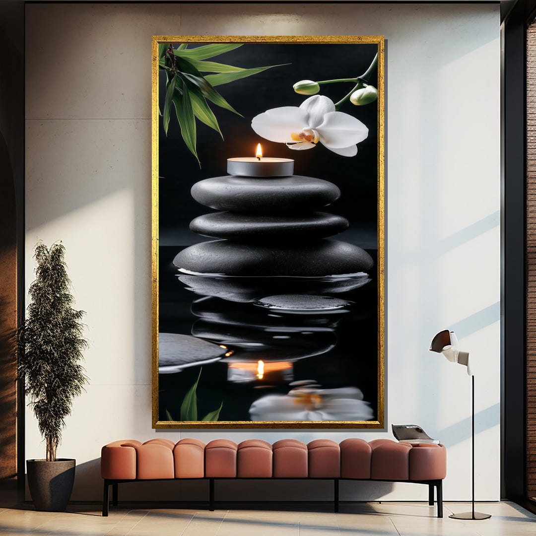 Zen Stone and Orchid Canvas Painting - Tranquil Wall Art and Relaxing ...