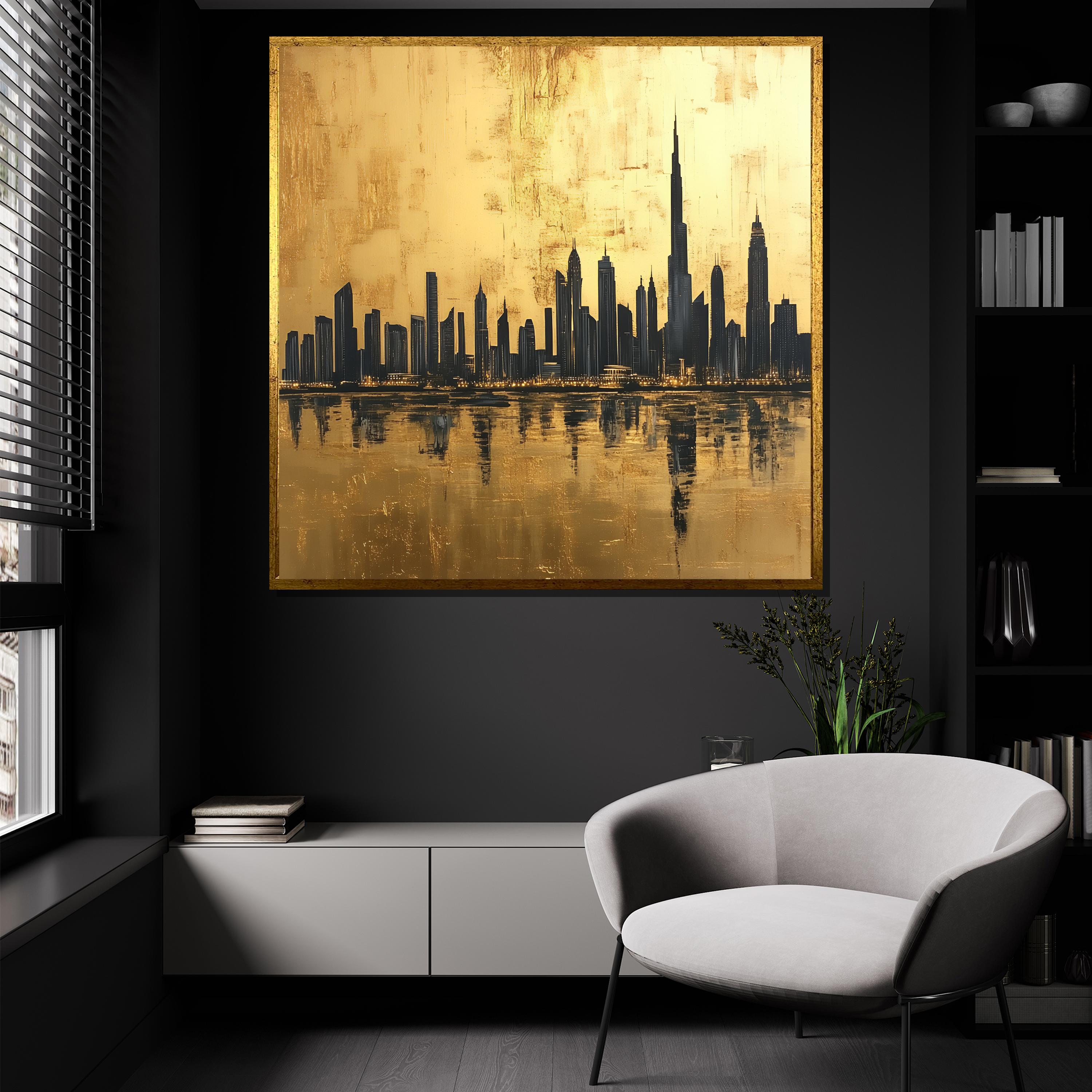 Gold Skyline Wall Art, Large Framed Abstract Cityscape Canvas, Modern ...