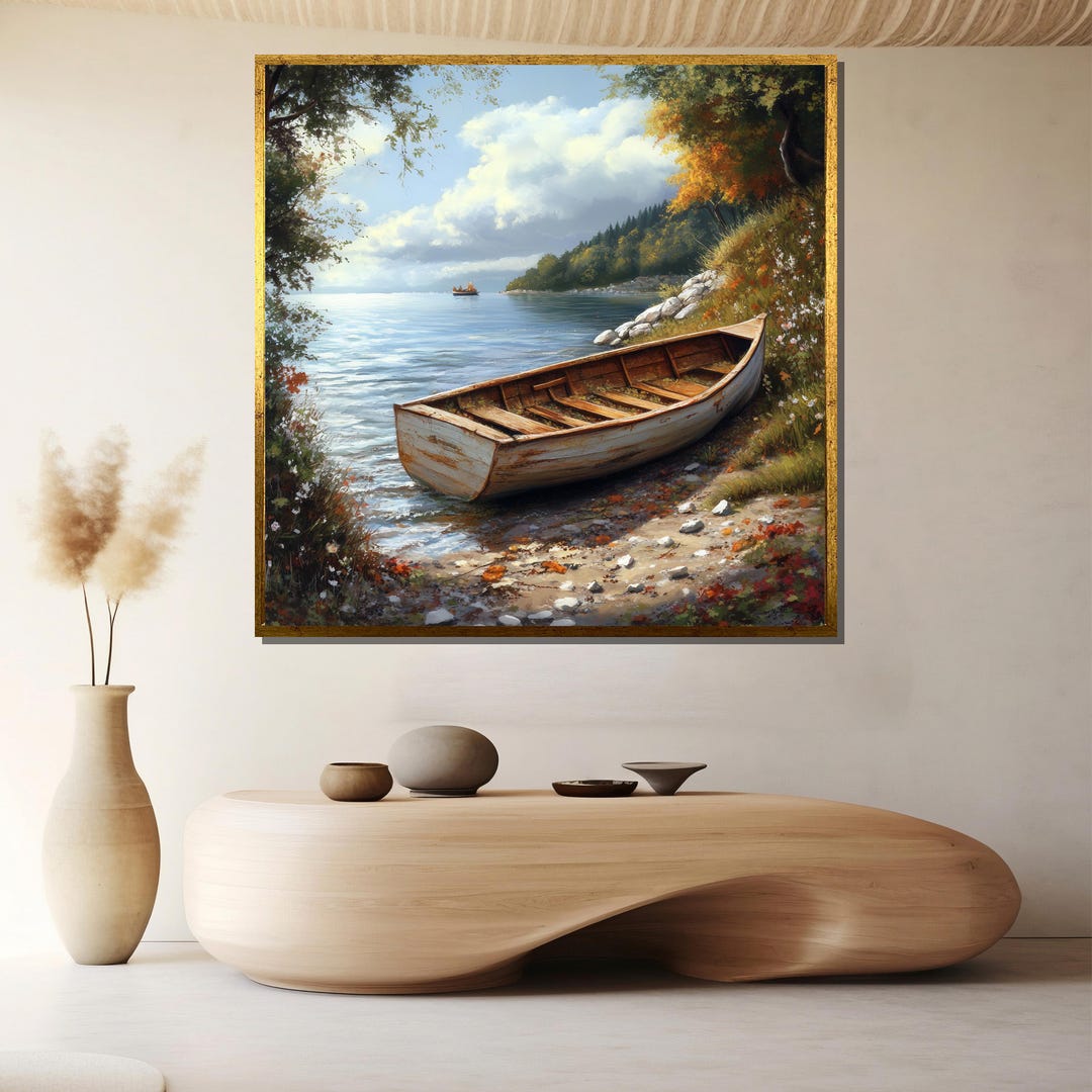 Lakeside Boat Canvas Painting - Tranquil Water and Forest Wall Art ...