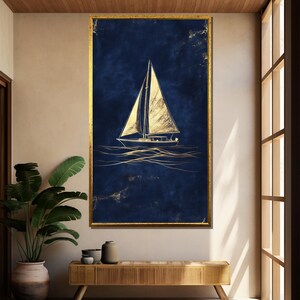 Gold Sailboat Wall Art on Navy Blue Canvas Nautical Framed Painting ...
