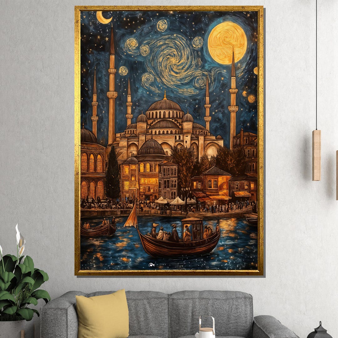 Istanbul Mosque Canvas Painting, Starry Night Style Wall Art, Turkish ...