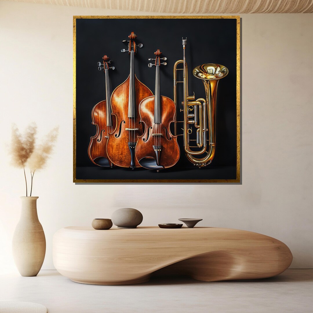 Elegant Musical Instruments Canvas Painting – Violin and Trumpet Art ...