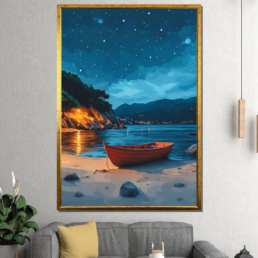 Starry Night Boat Canvas Painting Peaceful Lakeside Wall Art With Red ...