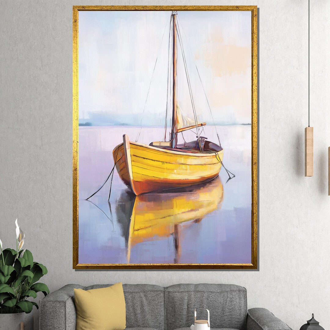 Yellow Boat Canvas Painting Nautical Wall Art With Calm Sea Reflection ...