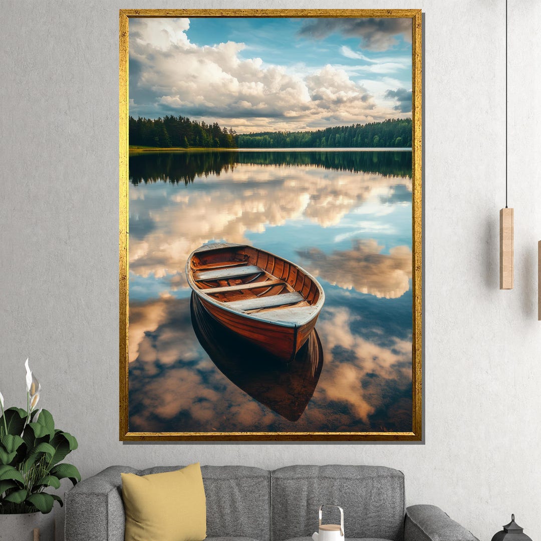 Tranquil Lake Reflection With Wooden Rowboat Canvas Painting - Stunning ...