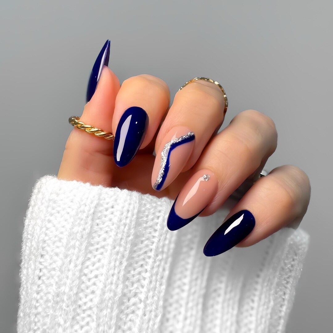 Midnight Allure | French Tips | Dark Navy Blue | Glitter | Press on ...