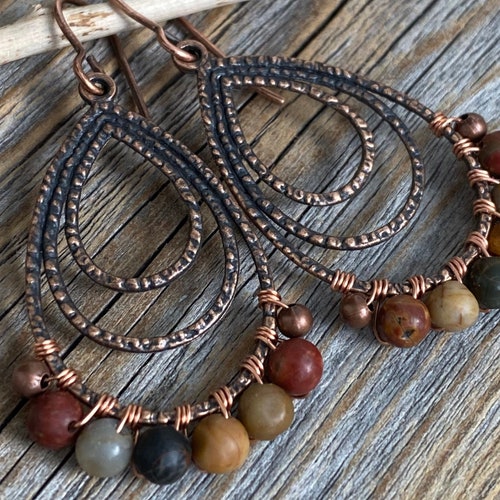 Boho Copper Hoop Earrings Red Creek Jasper Stone Earrings Etsy