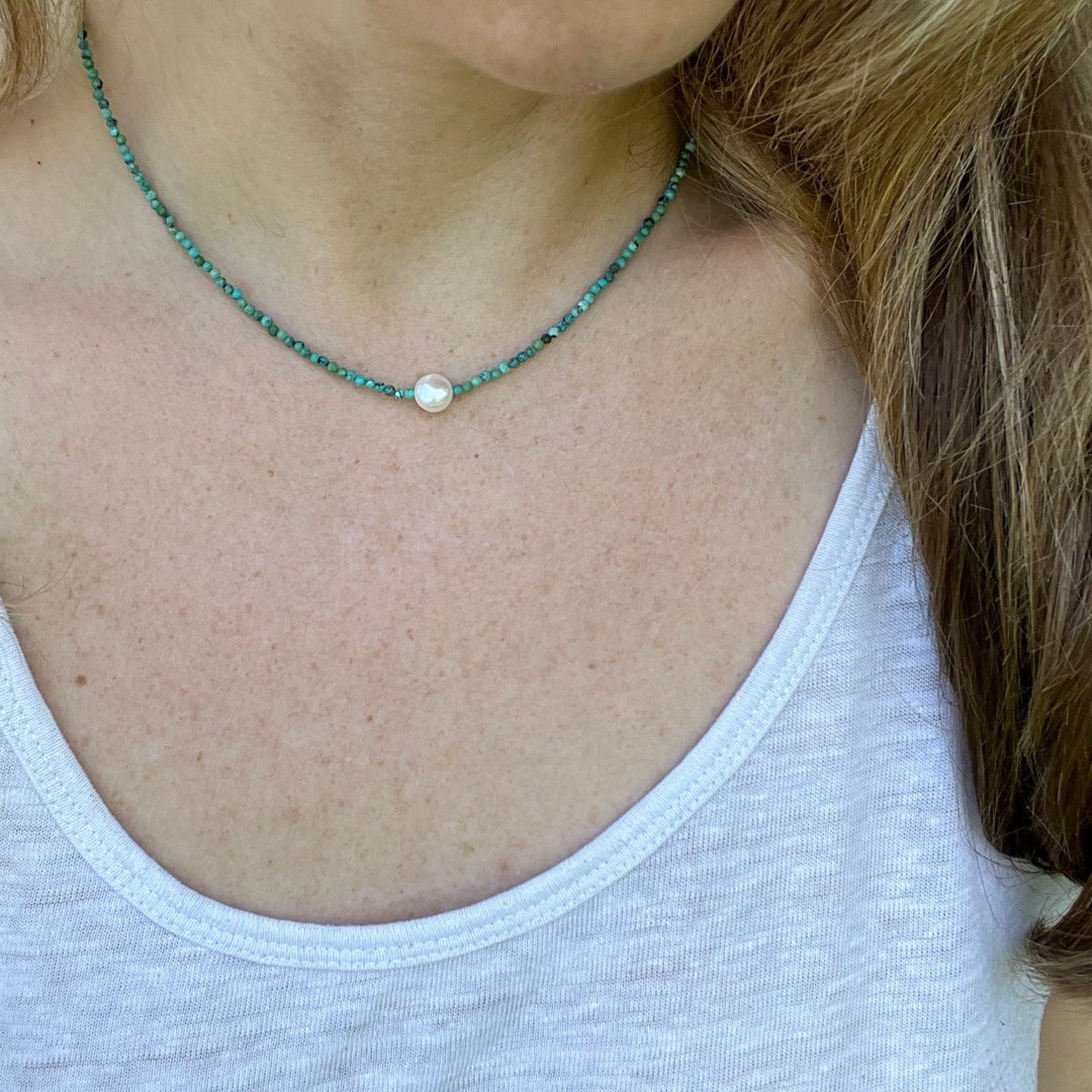 Dainty Pearl and Turquoise Necklace – Freshwater Pearl Choker, Single ...