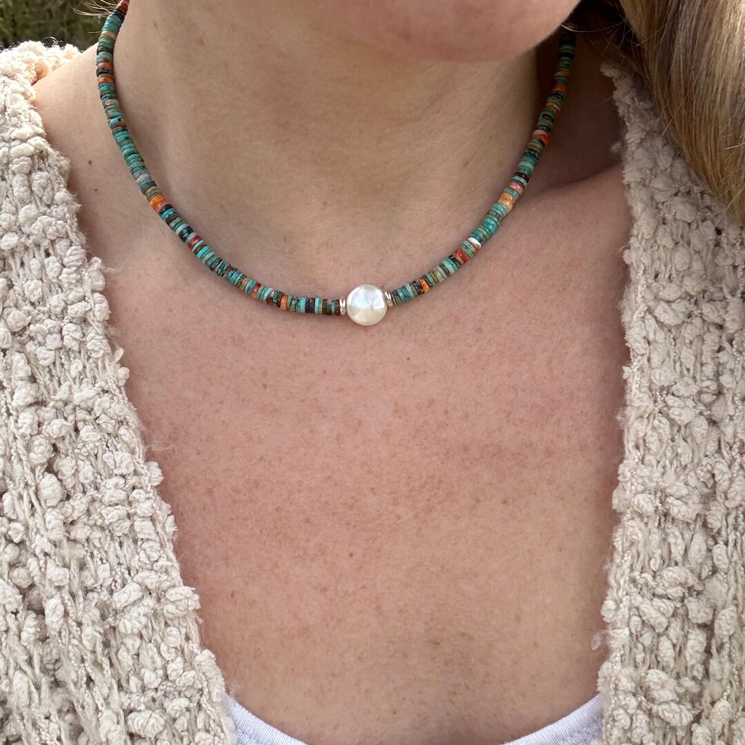 Turquoise Heishi and Pearl Necklace, Gemstone Beaded Necklace, Boho ...