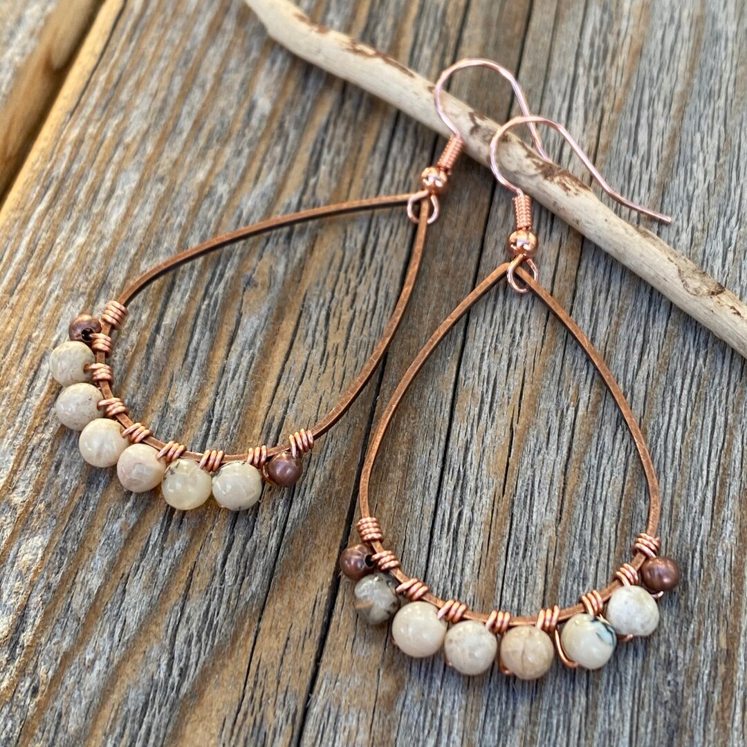 Rustic Wedding Earrings, Copper Earrings, Beige Earrings, Opal Earrings ...
