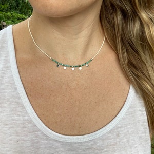 Tiny Bead Necklace, Dainty Turquoise Beaded Necklace With Silver ...