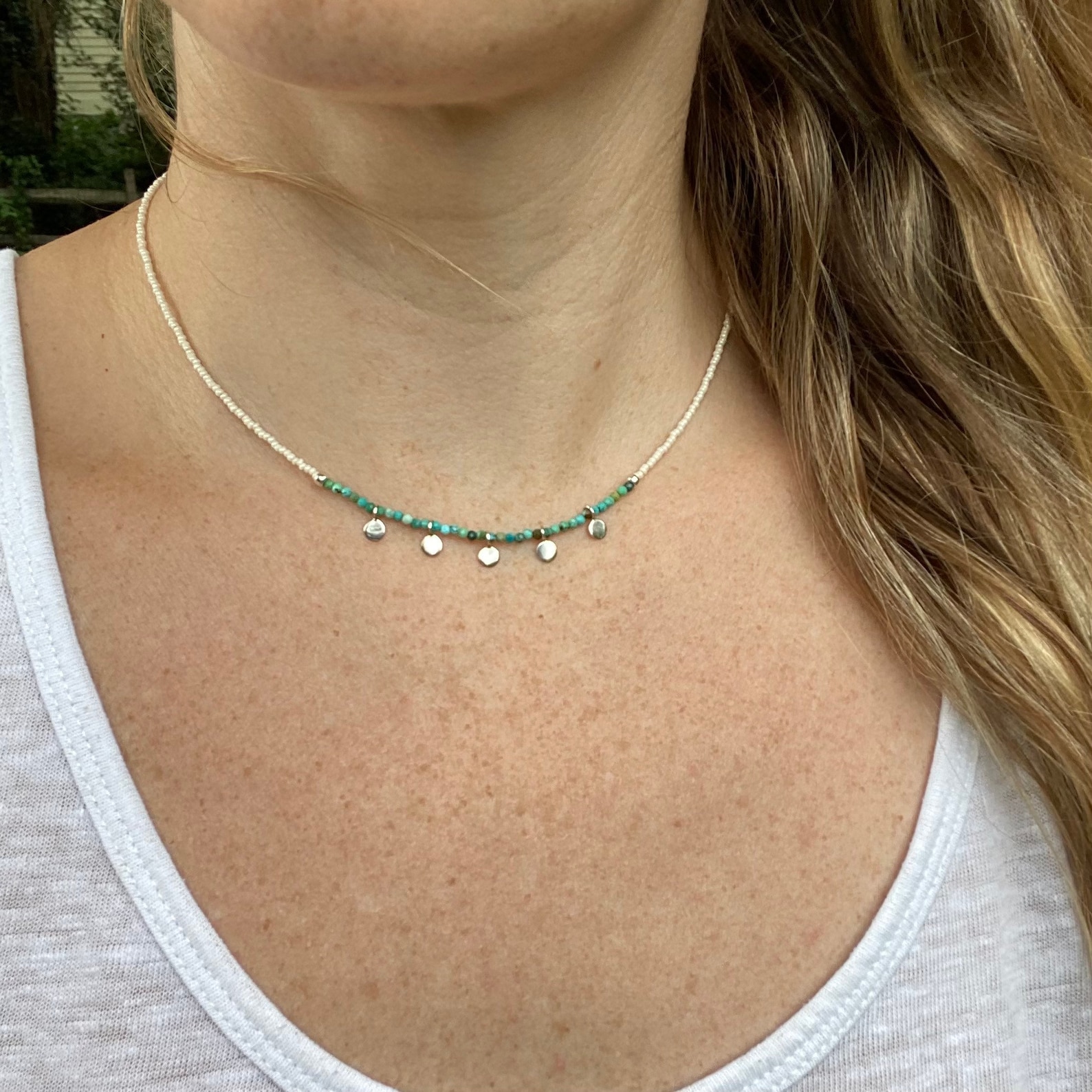Tiny Bead Necklace, Dainty Turquoise Beaded Necklace With Silver ...