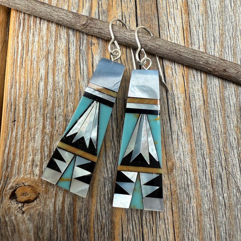Turquoise Inlay Earrings, Mother-of-pearl Onyx Mosaic, Sterling Silver ...