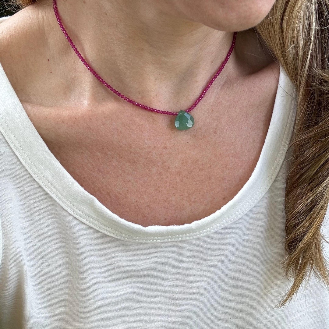 Handmade Ruby Beaded Choker Necklace – Aventurine Accent, July ...