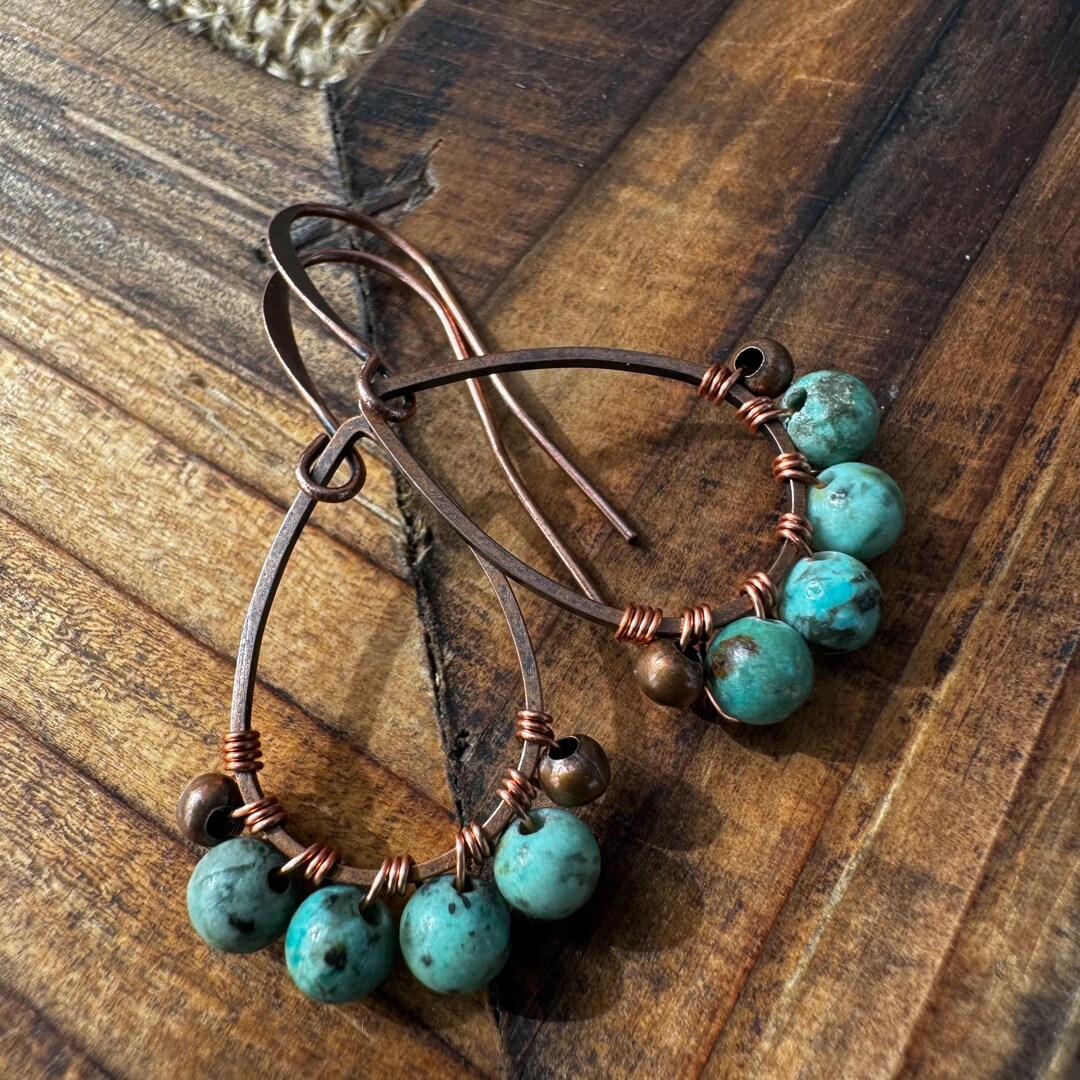 Teardrop Turquoise Earrings – Dainty Copper Wire Wrapped Jewelry - Etsy