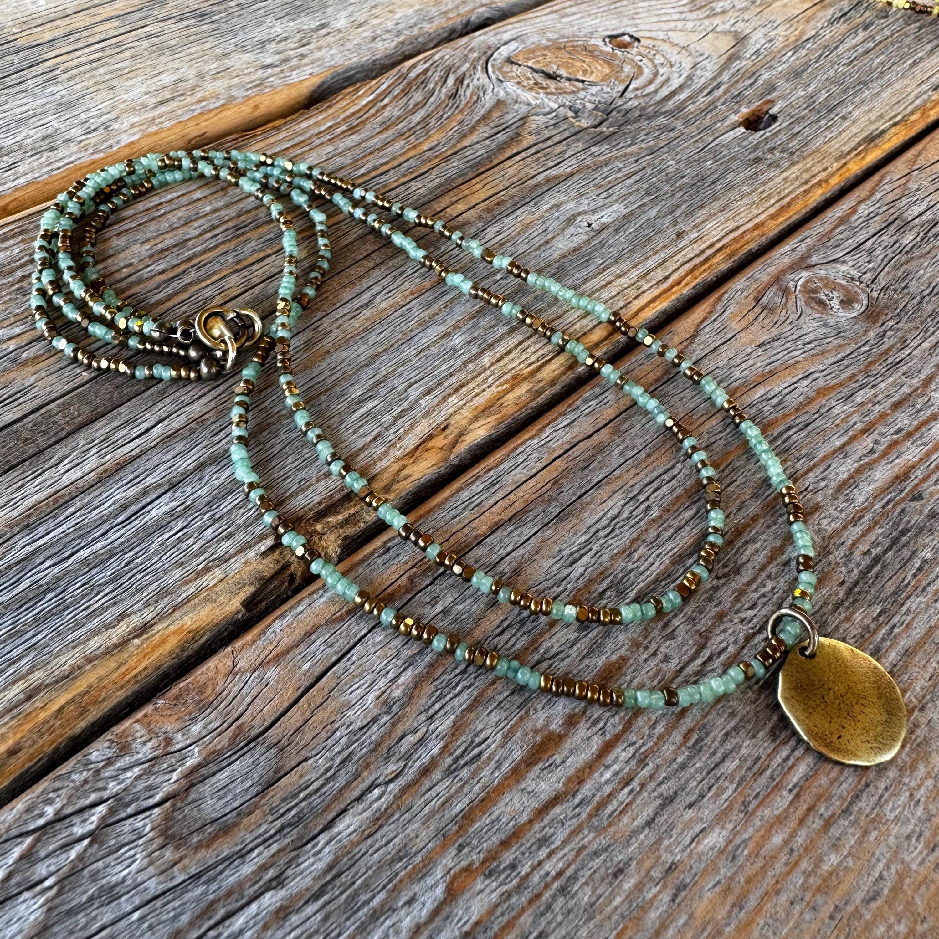 Sage Green Seed Bead Layered Necklace, Bronze Disc Pendant, Everyday ...