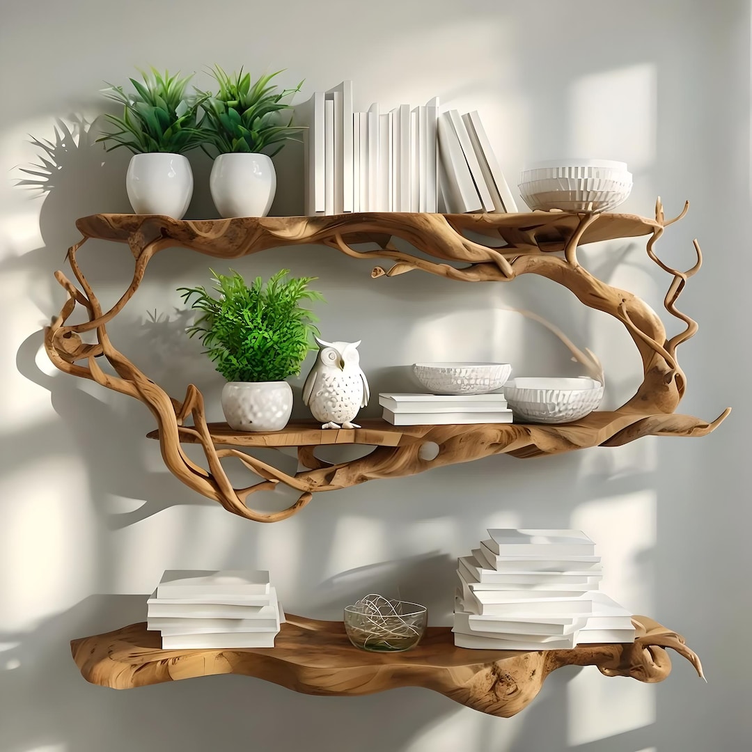 Driftwood Library Bookshelves, Natural Wooden Shelves, Rustic Wooden ...