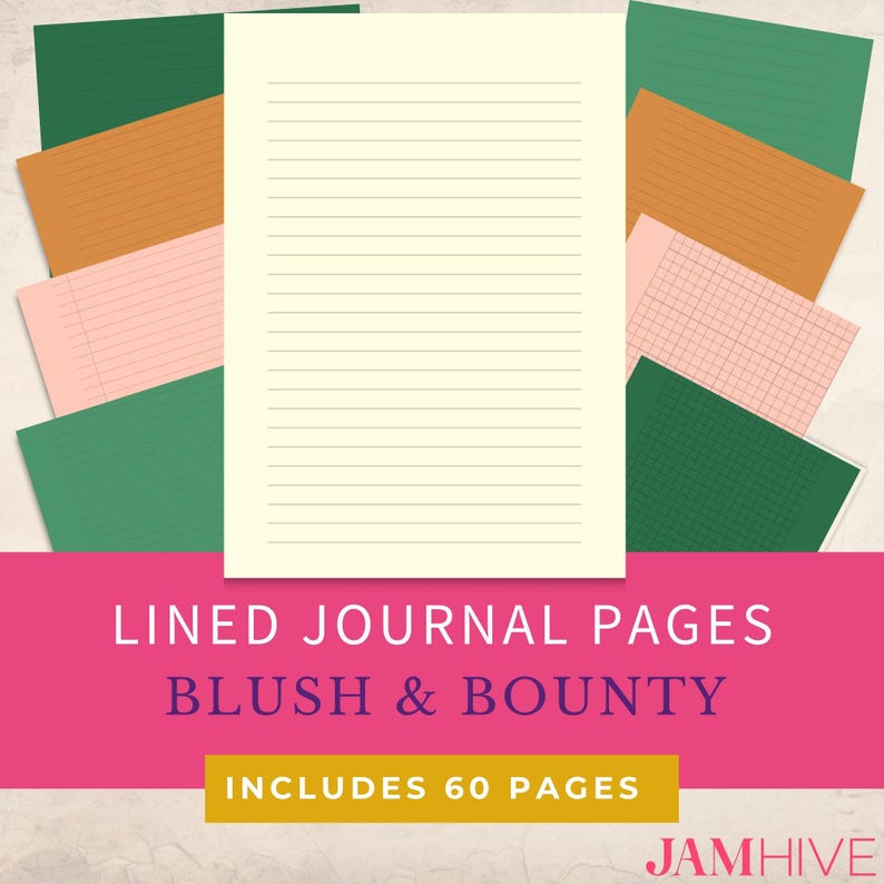 Blush and Bounty Digital Paper Pack 60 PDF Pages Feint Lined, Grid ...