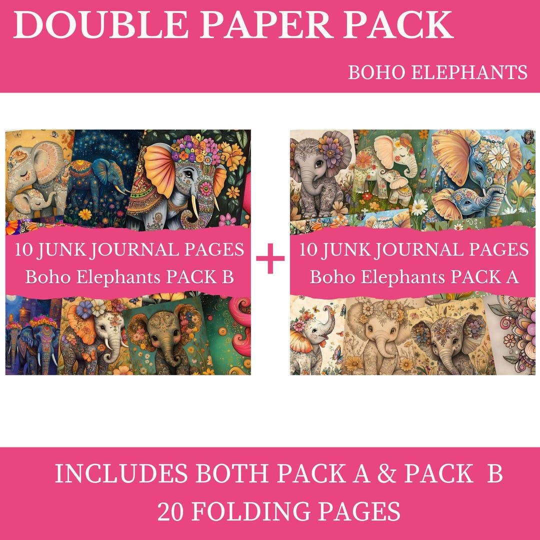 Double Boho Elephant Junk Journal Pages Digital Download, Double Pack ...