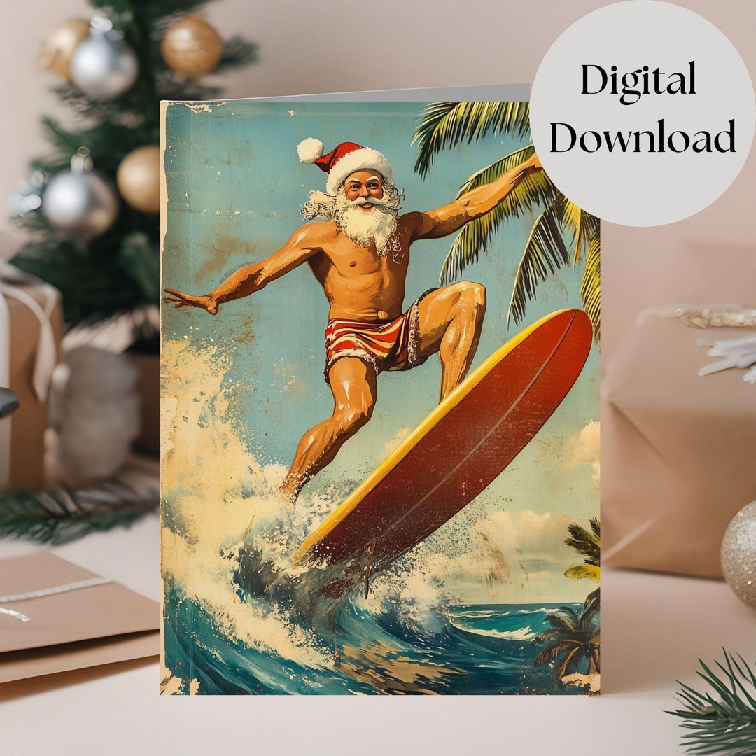 Surfing Santa Christmas Card Digital Download Printable Christmas Card ...