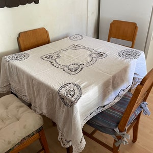 1920s 1930s Antique White Cotton Embroidered Larger Tablecloth Square ...