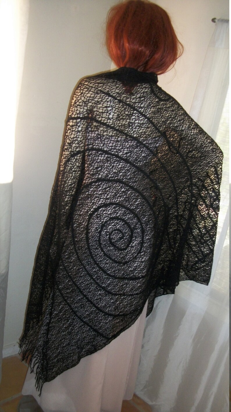 Vintage Goth Black Lacey Sheer Crochet Fringed Huge Art Deco Shawl or ...