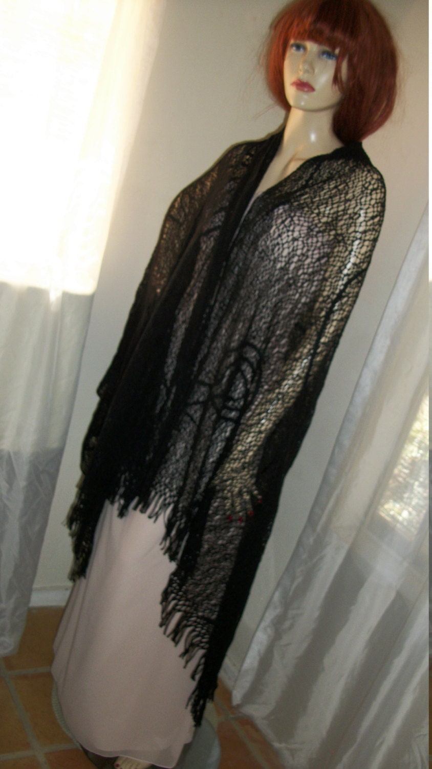 Vintage Goth Black Lacey Sheer Crochet Fringed Huge Art Deco Shawl or ...