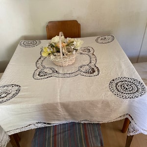 1920s 1930s Antique White Cotton Embroidered Larger Tablecloth Square ...