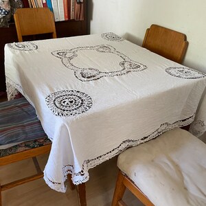 1920s 1930s Antique White Cotton Embroidered Larger Tablecloth Square ...