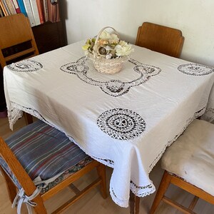 1920s 1930s Antique White Cotton Embroidered Larger Tablecloth Square ...