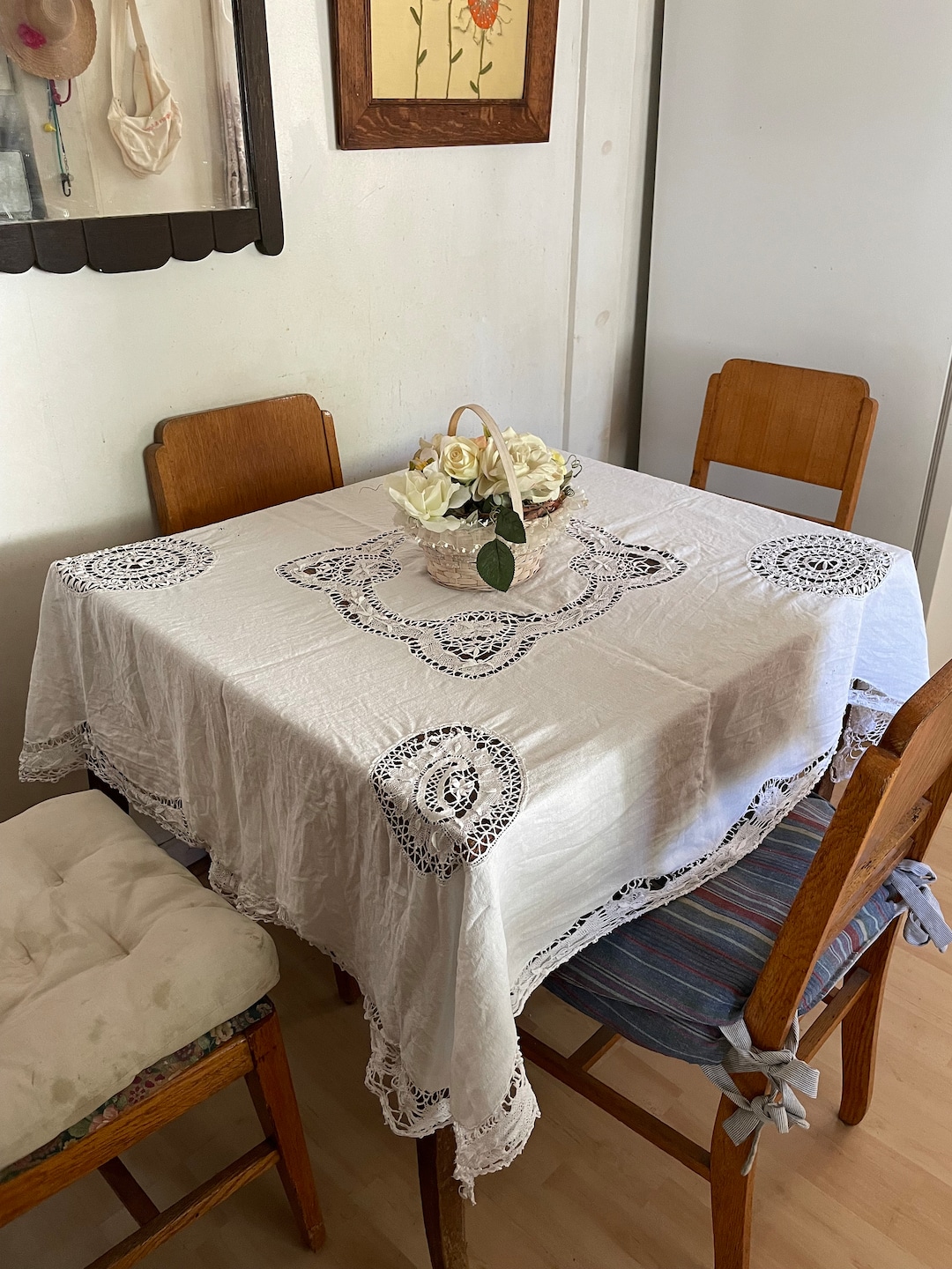 1920s 1930s Antique White Cotton Embroidered Larger Tablecloth Square ...