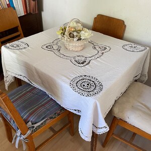 1920s 1930s Antique White Cotton Embroidered Larger Tablecloth Square ...