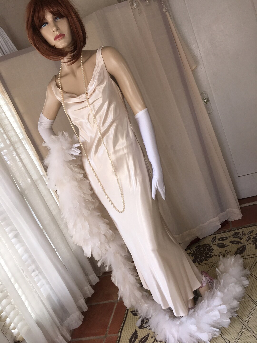 1930s Style Replica Cream Satin Gown Jean Harlow Drape Wedding Size S/M ...
