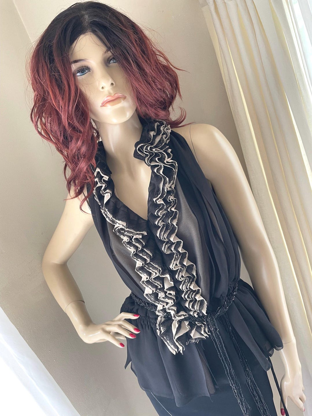 Vintage Black and Taupe Ruffle Blouse Robert Rodriquez Neiman Marcus ...