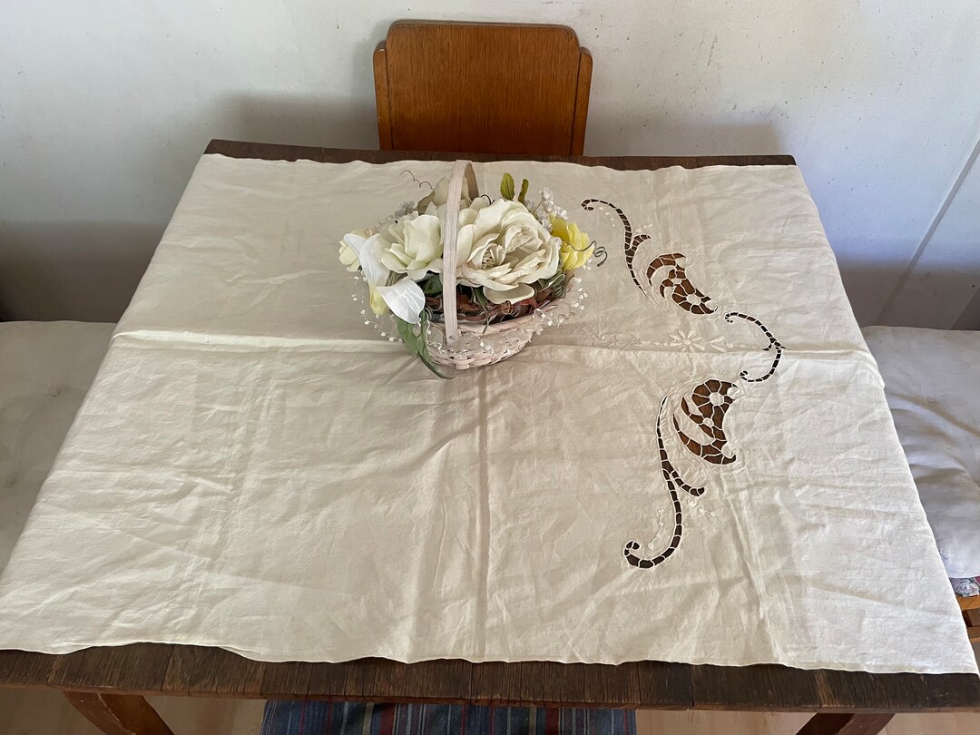 1920s Antique off White Linen Tablecloth Rectangular With Art Deco ...